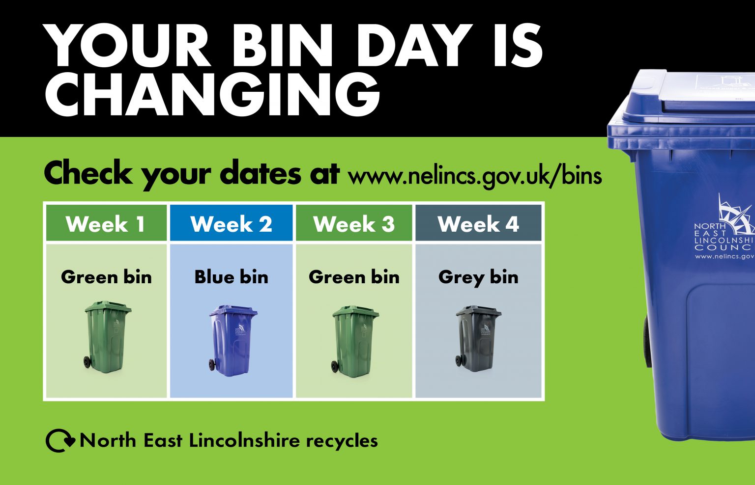 Reminder - bin days are changing from 8 March | NELC